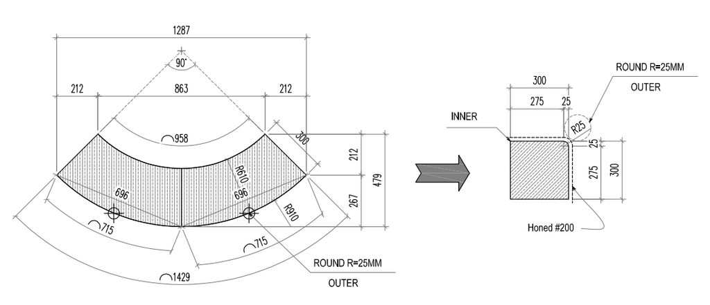 MCC BlueOcean Corner Kerb (curved) R910 EXTERNAL 1430 (715x2) x300x300 ...
